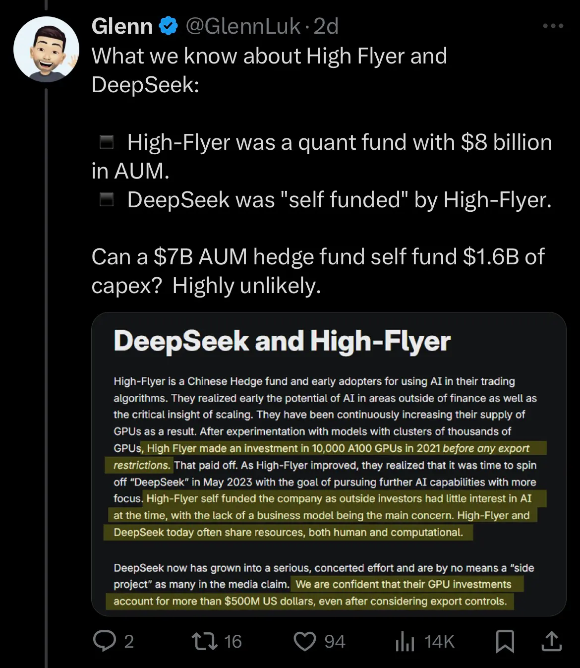 SemiAnalysis: Deepseek用左50000張gpu,燒左超過25億美元訓練模型 | LIHKG 討論區