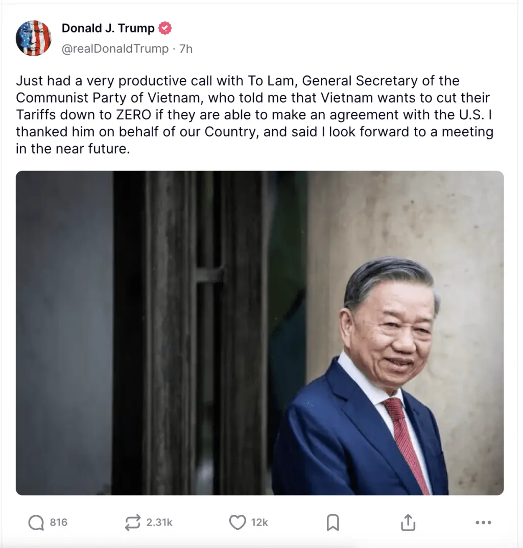 特朗普：越南提出關稅降至零！ 則與越共總書記進行了對話 | LIHKG 討論區