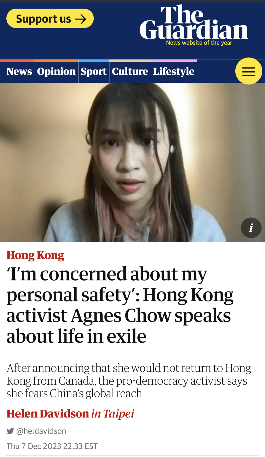 周庭棄保流亡後接受BBC採訪 稱香港已成「恐懼之地」 | LIHKG 討論區